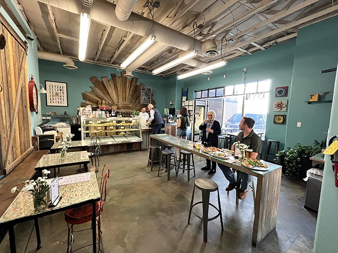 Inside, turquoise walls and rustic wood accents create that quintessential Santa Fe vibe&mdash;a cozy sanctuary where donut dreams come true.