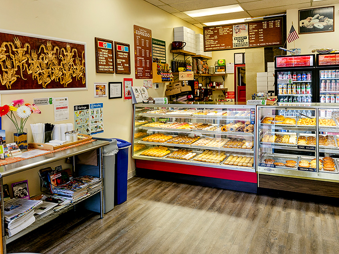 Behold the promised land&mdash;glass cases filled with golden-fried divinity. No Edison bulbs, no reclaimed wood, just decades of donut perfection awaiting your selection.