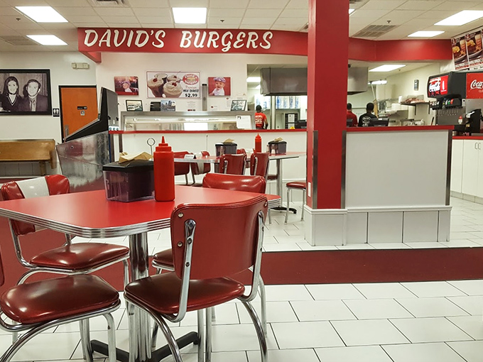 Classic red vinyl chairs and chrome tables transport you to a simpler time when calories didn't count and ketchup was a vegetable.