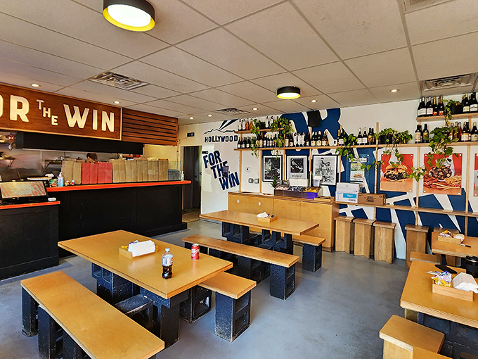 Simple wooden tables and benches say, "We're serious about burgers, not interior design"—and that's exactly how it should be.
