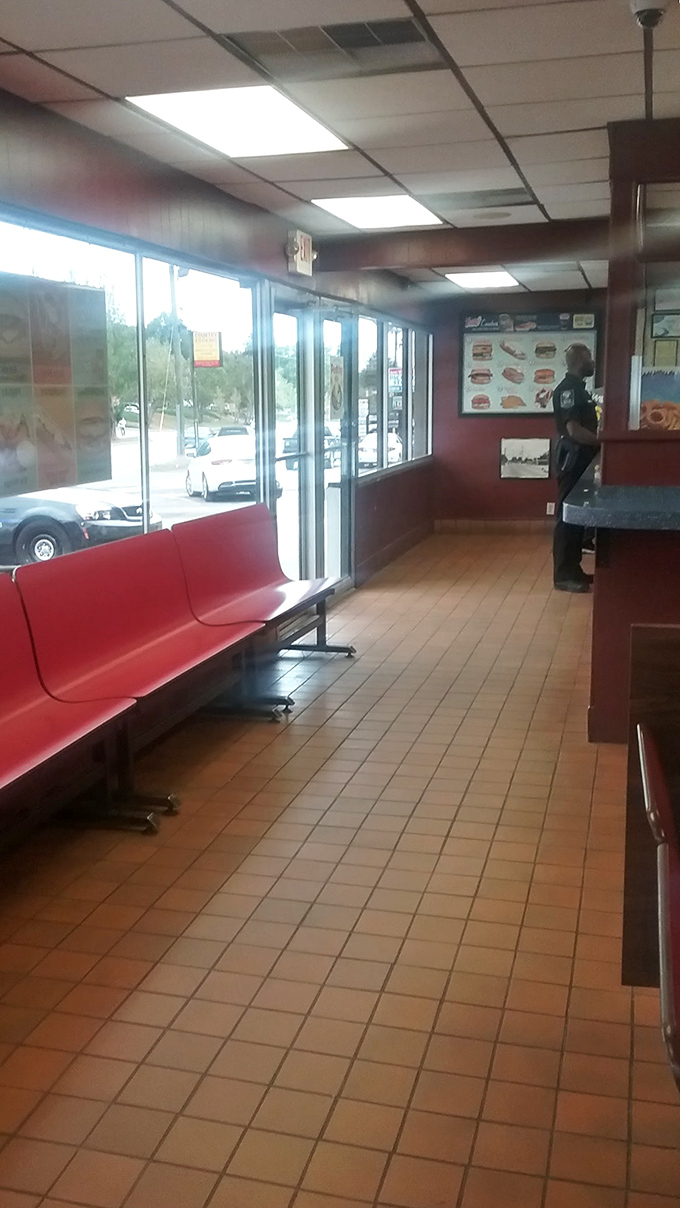 Red vinyl benches and tile floors transport you to simpler dining times. This no-frills interior says you're here for the food, not Instagram opportunities.