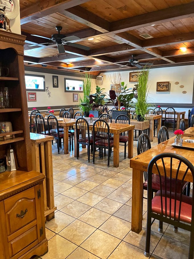 Warm wooden beams, simple tables, and plants that add life to the space&mdash;this isn't Instagram-bait decor, it's the real deal of German gem&uuml;tlichkeit.