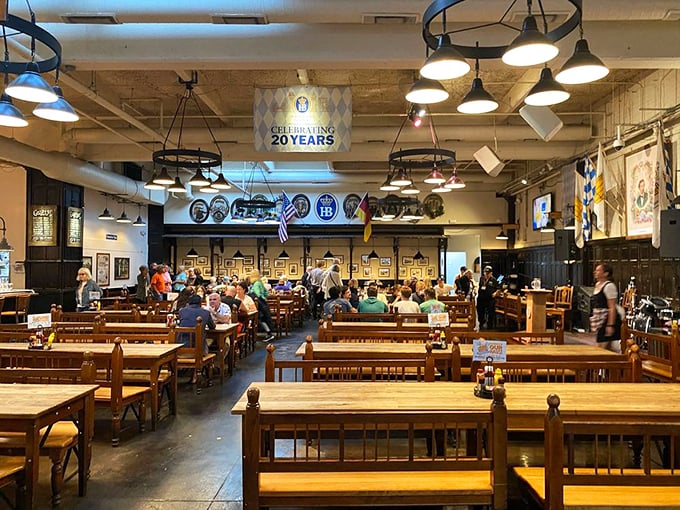 Long communal tables invite strangers to become friends over steins of beer, while the "Celebrating 20 Years" banner reminds us good things endure.