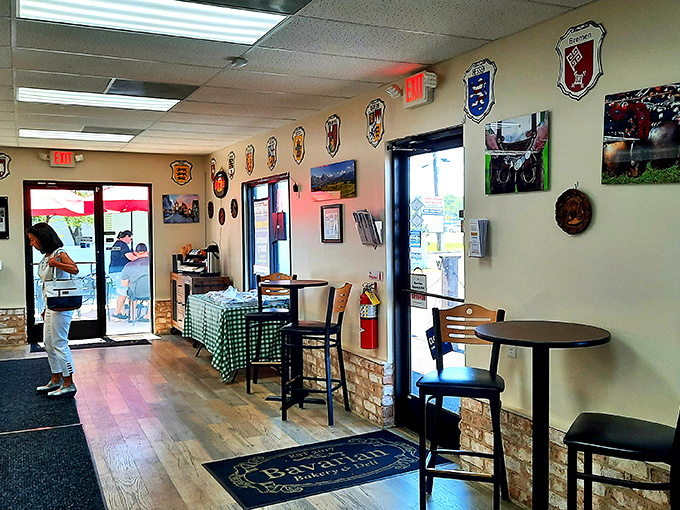 Step into a slice of Bavaria complete with regional crests, wooden accents, and those classic green checkered tablecloths that whisper "gem&uuml;tlichkeit."