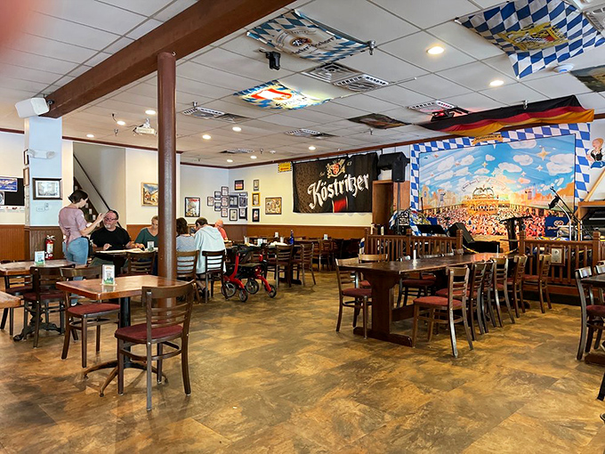 Blue and white Bavarian patterns dance across the ceiling while German flags stand sentinel. This isn't just a restaurant&mdash;it's a portal to Munich without the jetlag.