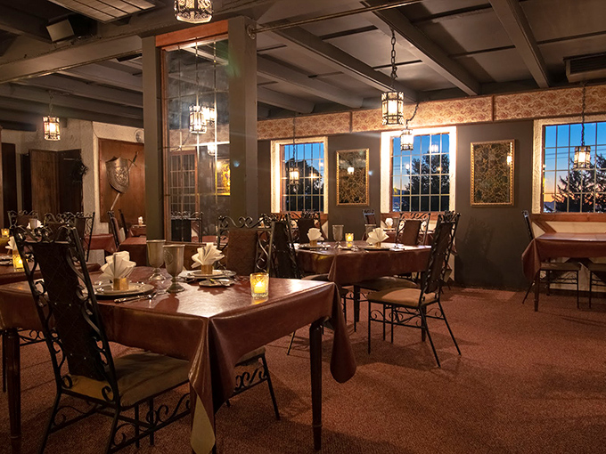 Inside, time stands still as wooden beams, lantern lighting, and linen-draped tables transport you to a world where "casual Friday" meant removing your suit of armor.