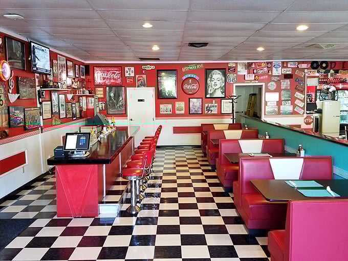 Classic red booths, checkered floors, and walls plastered with memorabilia&mdash;this isn't just decoration, it's a full-immersion nostalgia bath that somehow makes the coffee taste better.