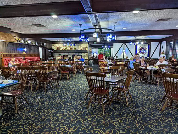 Where generations gather under blue lanterns and wooden beams, conversations flow as freely as the gravy. This isn't dining; it's a Midwestern ritual.