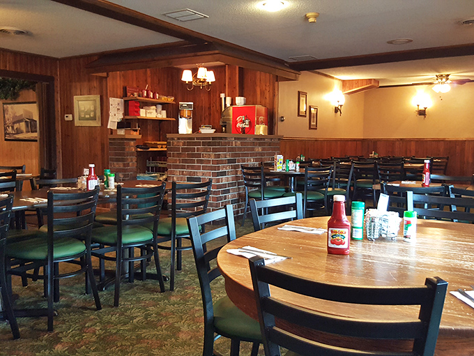Wood paneling and brick dividers create that perfect "grandma's dining room" vibe where calories don't count and memories are made.