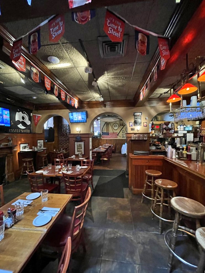Step inside and you're transported to a world where history and happy hour collide. The warm wood interior practically whispers revolutionary secrets.