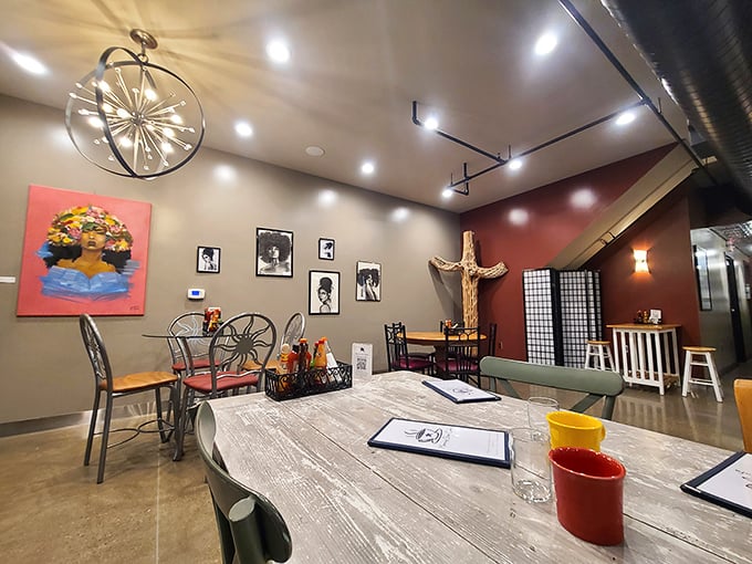 Inside, modern meets whimsy with wheel-shaped chandeliers and eclectic art. The kind of space where both your coffee and conversation naturally perk up.