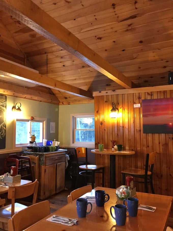 Knotty pine and golden light create the perfect mountain breakfast sanctuary. Cozy doesn't begin to cover what's happening here.