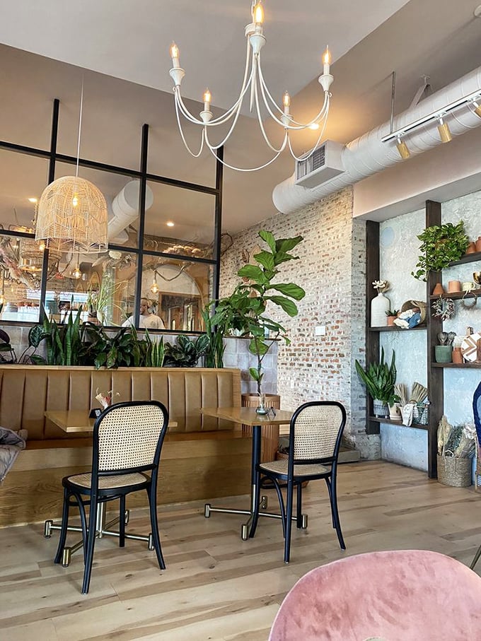 Exposed brick meets lush greenery under elegant lighting&mdash;whoever said breakfast can't be sophisticated clearly never visited this botanical-chic paradise.