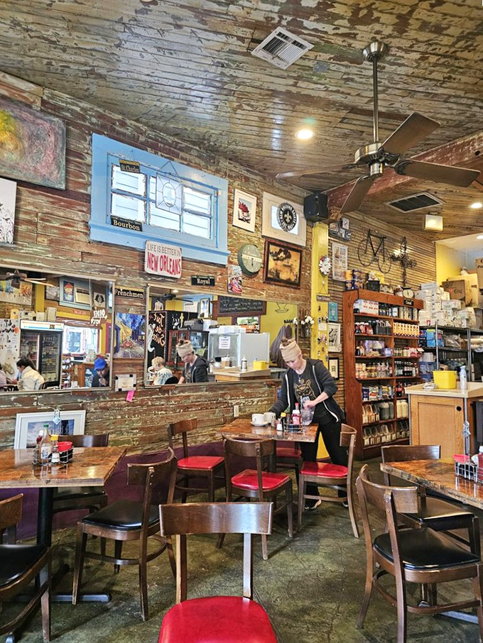 Inside, weathered wood walls tell stories while mismatched furniture creates that "your eccentric aunt's living room" vibe that makes breakfast feel like coming home.