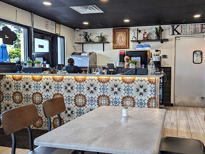 That gorgeous patterned tile counter isn't just Instagram-worthy&mdash;it's the gateway to flavor paradise. The Virgin Mary watches approvingly from above.