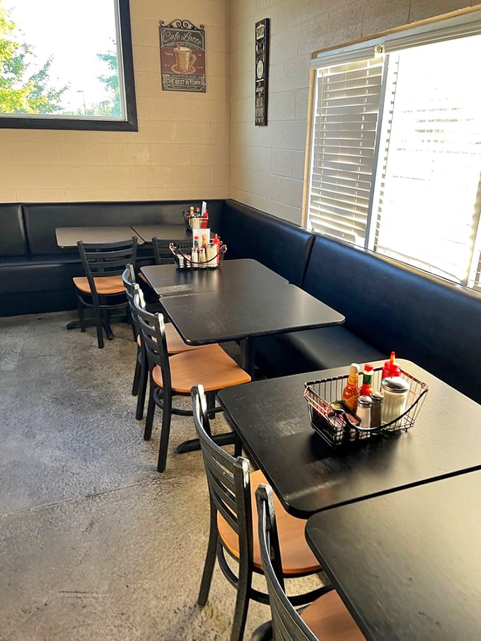 Classic diner seating with those little wire baskets of condiments&mdash;the universal signal that you're about to experience breakfast done right, not fancy.