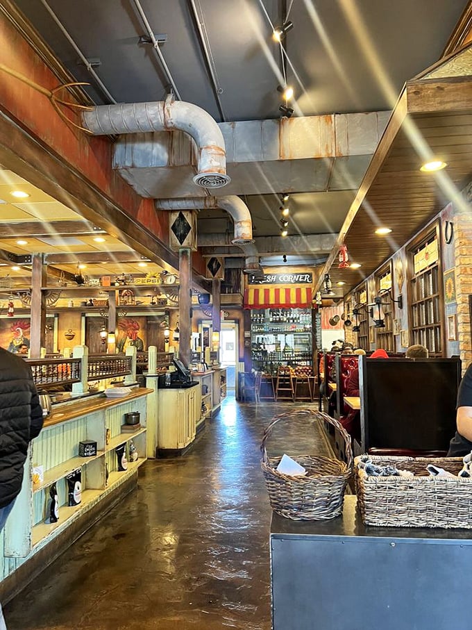 Industrial meets farmhouse in this cleverly designed space where exposed ductwork and rustic touches create breakfast's perfect backdrop.