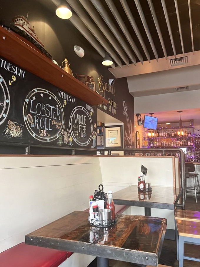 Nautical charm meets comfort inside Captain James, where chalkboard specials and warm lighting create the perfect backdrop for seafood indulgence.