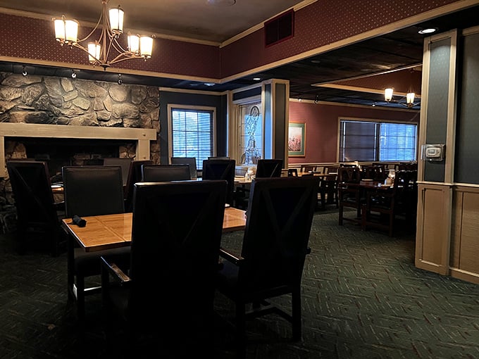 Inside, the stone fireplace and warm lighting create that perfect "special occasion" atmosphere. Like dining in a sophisticated mountain cabin, minus the bears.