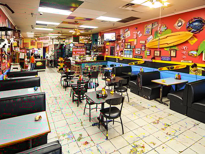 Step inside and suddenly you're in breakfast paradise. The vibrant coral walls, surfboards, and memorabilia create the perfect backdrop for morning magic to unfold.