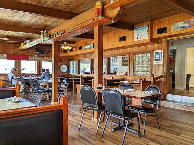 Warm wood paneling and nautical touches create the perfect backdrop for prime rib revelry. This isn't fancy dining&mdash;it's honest comfort that feels like coming home.