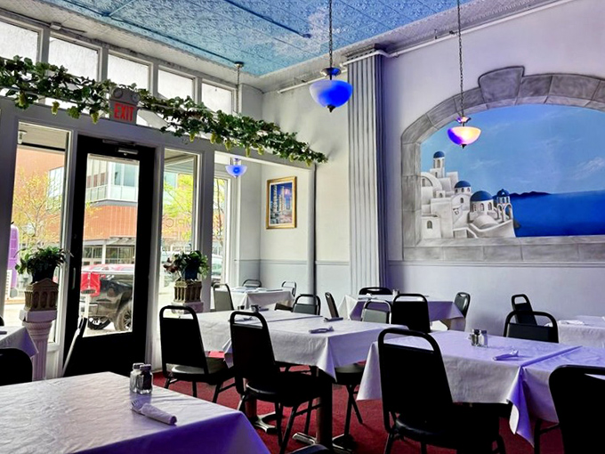 Step inside and you're transported straight to Greece&mdash;blue ceiling, white walls, and murals that make Iowa feel oceans away.