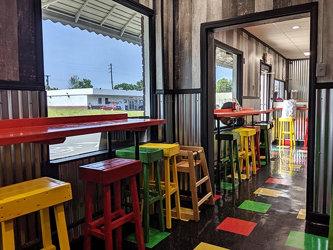 Colorful stools line the counter like a reggae-inspired Morse code, signaling to your taste buds that something extraordinary awaits.
