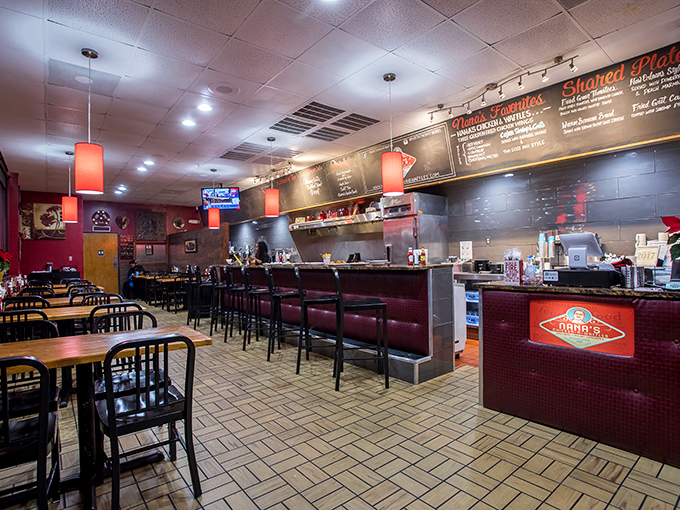 Inside, the cozy interior blends modern touches with homestyle warmth. The chalkboard menu promises delicious possibilities while pendant lights cast a welcoming glow.