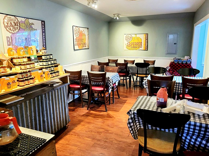 Inside, blue walls and checkered tablecloths create that perfect "grandma's kitchen meets hip Nashville eatery" vibe that makes you instantly feel at home.