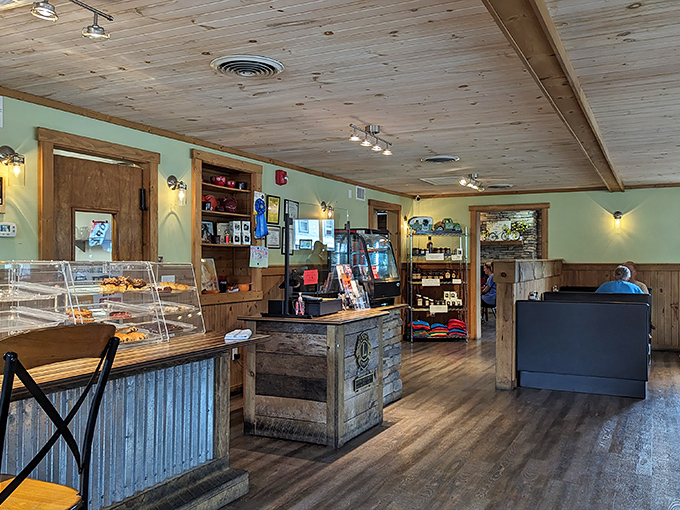 Rustic charm meets homey elegance inside, where pine ceilings and mint-green walls create the perfect backdrop for breakfast epiphanies.
