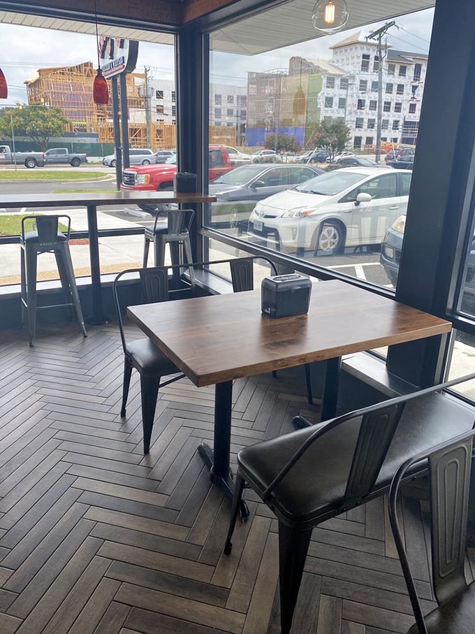 Industrial-chic meets Southern comfort in this airy space. The herringbone floors and metal chairs say "trendy," but the aroma says "home."