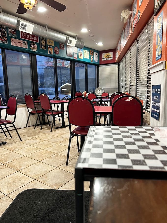 Classic diner charm with those red vinyl chairs that have witnessed countless coffee refills and "just one more bite" moments.