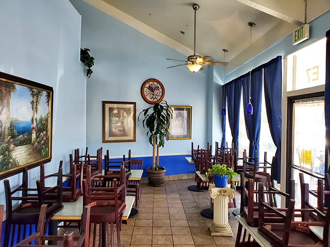 Grecian blue walls and wooden furnishings create that perfect "taverna by the sea" atmosphere, minus the sea but with all the charm intact.
