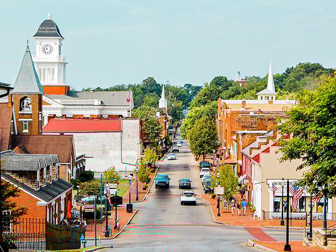 The quintessential small-town Main Street view, complete with courthouse clock tower and church steeples&mdash;Norman Rockwell couldn't have painted it better.