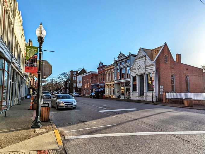 Sunlight bathes New Harmony's pristine streetscape, where Victorian and Federal architecture create a living museum that's refreshingly free of chain stores.