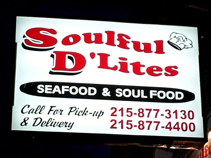 That classic red signage promises two things Philadelphia does exceptionally well: seafood and soul food. The phone numbers? Save them.