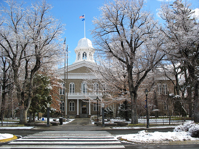 Nevada's State Capitol building stands proudly in winter dress, proving government architecture can actually be both dignified and photogenic.