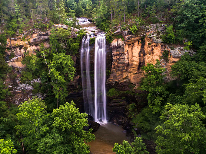 Nature's masterpiece from above: 186 feet of pure white water cascading down amber cliffs like Georgia's version of liquid silk.