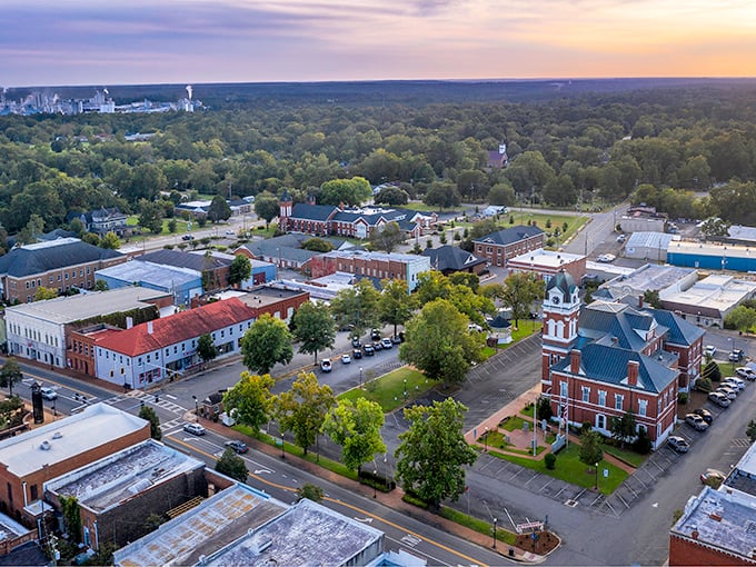 From this bird's-eye view, you can almost hear the courthouse clock chiming across the tree-canopied streets of Sandersville.
