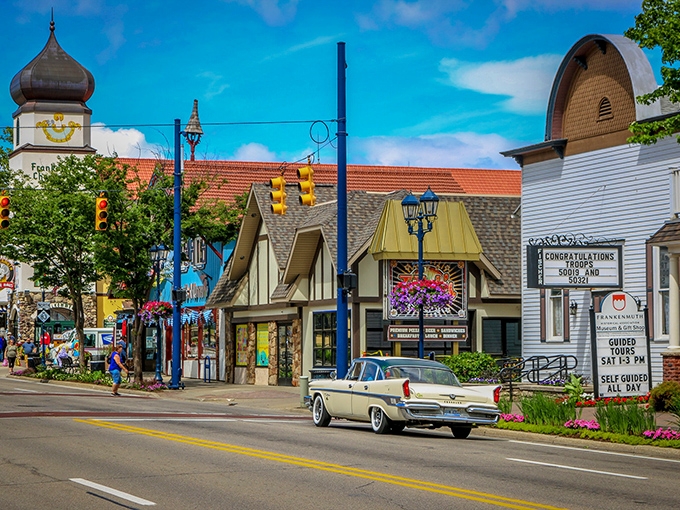 Downtown Frankenmuth's architecture is so authentically German, you'll check your phone to see if it switched to international roaming. That vintage car completes the time-travel experience.