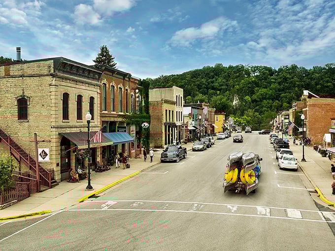 Downtown Lanesboro on a perfect summer day, where kayaks and cars share the road, and time seems to move at a deliciously slower pace.