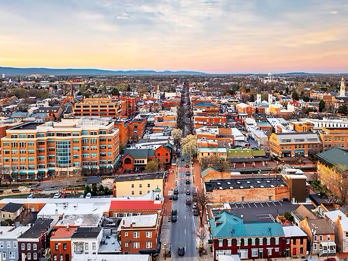 Downtown Frederick from above looks like a movie set director's dream. The perfect grid of brick buildings and tree-lined streets practically begs you to explore every corner.