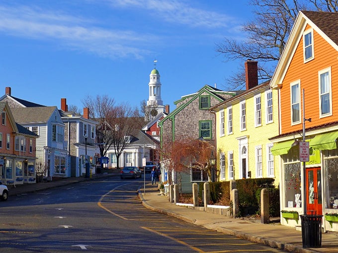 A painter's palette of clapboard houses lines downtown Rockport, where the white church steeple plays centerpiece to this coastal masterpiece.