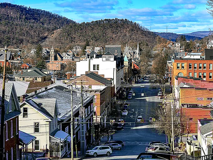 From this bird's-eye view, Bellefonte reveals itself as a perfectly preserved slice of Americana, nestled between Pennsylvania's rolling hills like a movie set come to life.