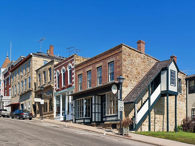 These aren't cookie-cutter buildings – each storefront tells a story, with the town's distinctive stone architecture creating a European village vibe right in Wisconsin's heartland.