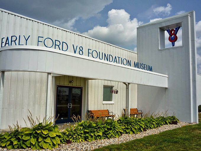 The museum's entrance welcomes visitors with its iconic V8 emblem &ndash; the automotive equivalent of finding the golden ticket to Willy Wonka's factory.