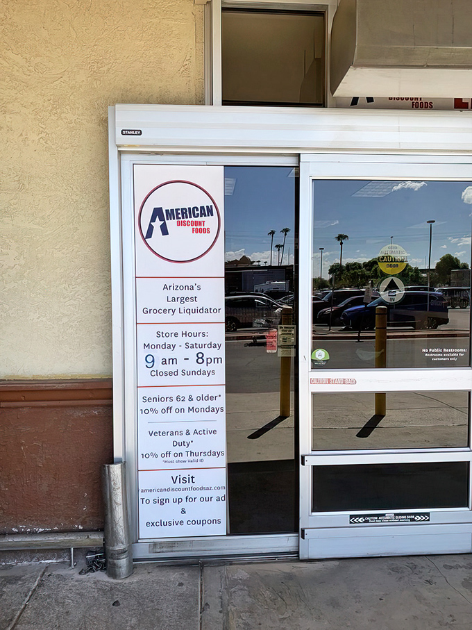 Store hours and discounts prominently displayed. Like a roadmap to savings, this entrance sign promises adventures for your wallet.