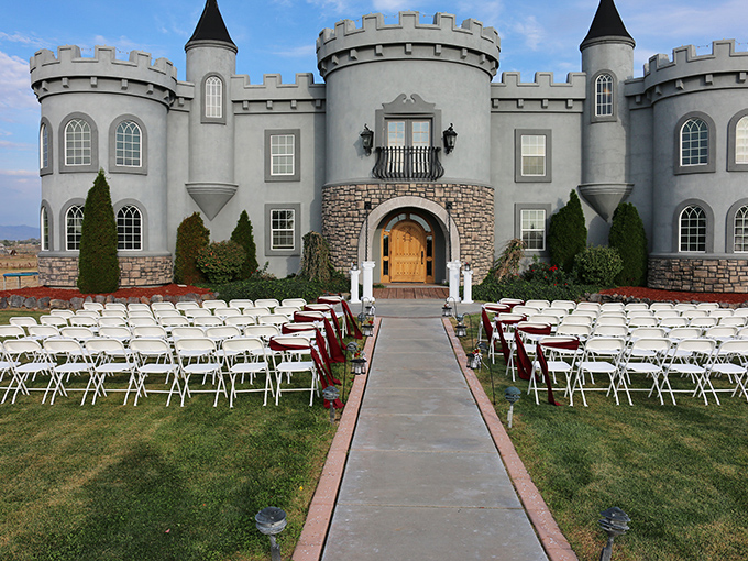 Wedding dreams come true on this pristine pathway, where rows of white chairs await guests ready to witness "happily ever after" against a storybook backdrop.