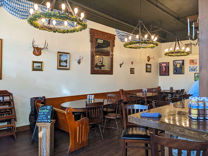 Rustic wooden booths, antler décor, and chandeliers that would make Hansel and Gretel feel at home. It's Bavaria without the 13-hour flight!