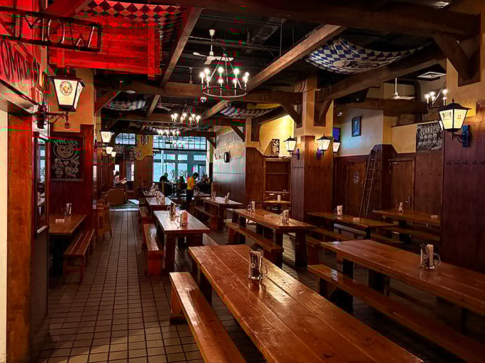 Long communal tables and wooden benches create that authentic biergarten feel &ndash; where strangers become friends over steins and schnitzel.